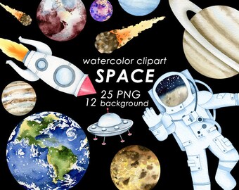 Watercolor Space Clipart Planets Comets Rocket Ship and | Etsy
