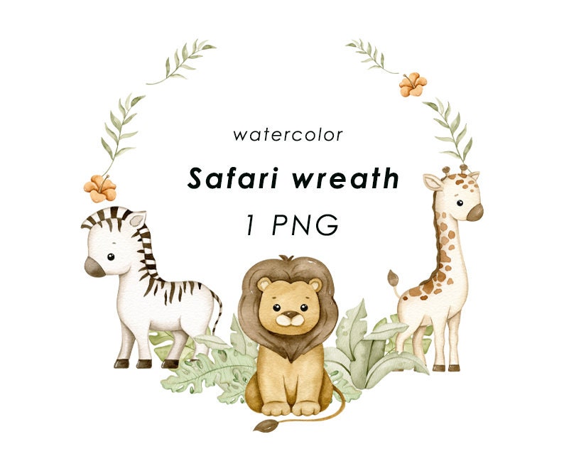 Safari Animals Watercolor Wreath Jungle Frame Png Nursery | Etsy