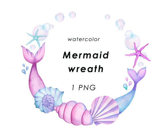 Mermaid Tail Watercolor Wreath Undersea Frame Png Baby Girl - Etsy