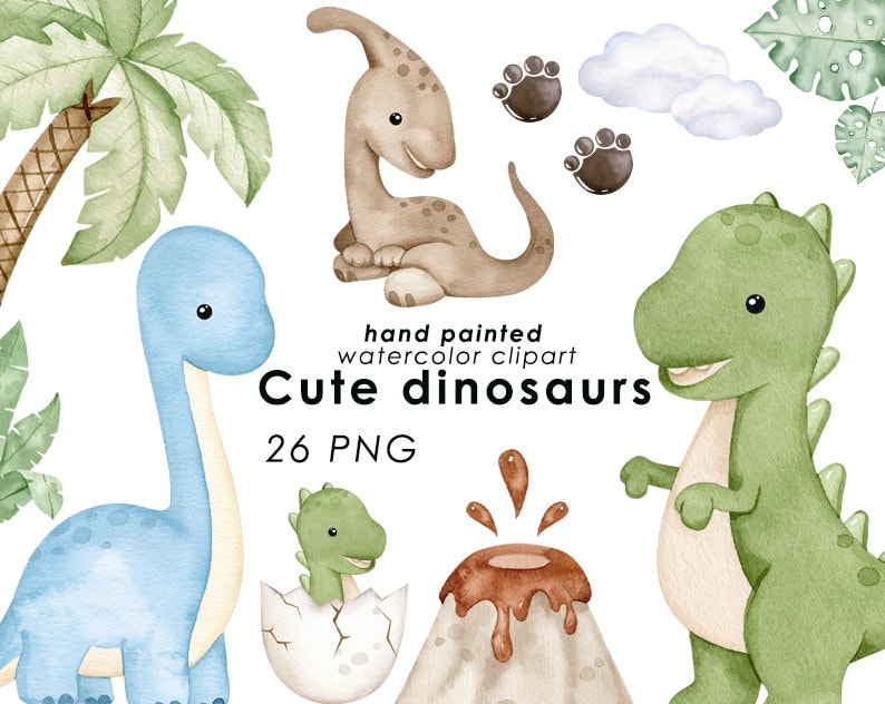 Dinosaurs Watercolor Clipart, Cute Dino Clip Art, Neutral Dinosaur PNG ...