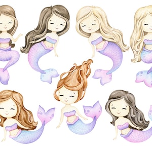 Cute Mermaid Watercolor Clipart, Little Mermaids Clip Art, Nursery ...