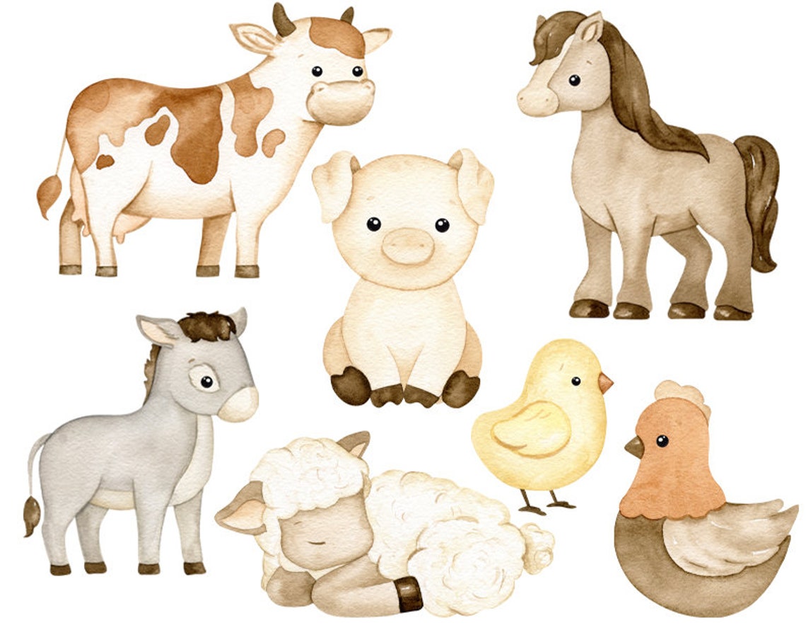 Farm Animals Watercolor Cute Farm Clip Art Neutral Nursery - Etsy