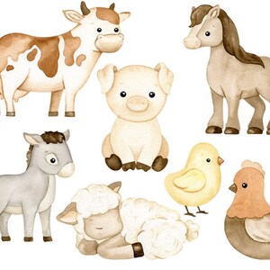 Farm Animals Watercolor Cute Farm Clip Art, Neutral Nursery Decor, Baby ...