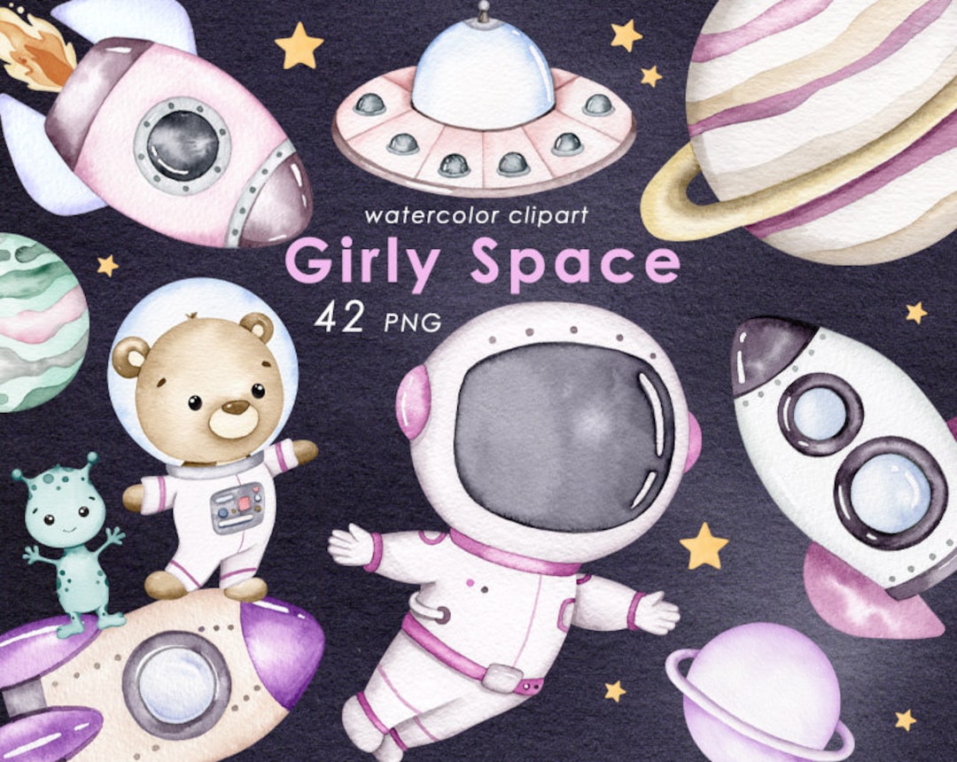 Girly Space Watercolor Clipart, Girl Cute Astronaut , Planets Clip Art ...