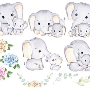Mother and Baby Elephant Watercolor Clipart, Cute Elephant PNG, Nursery ...