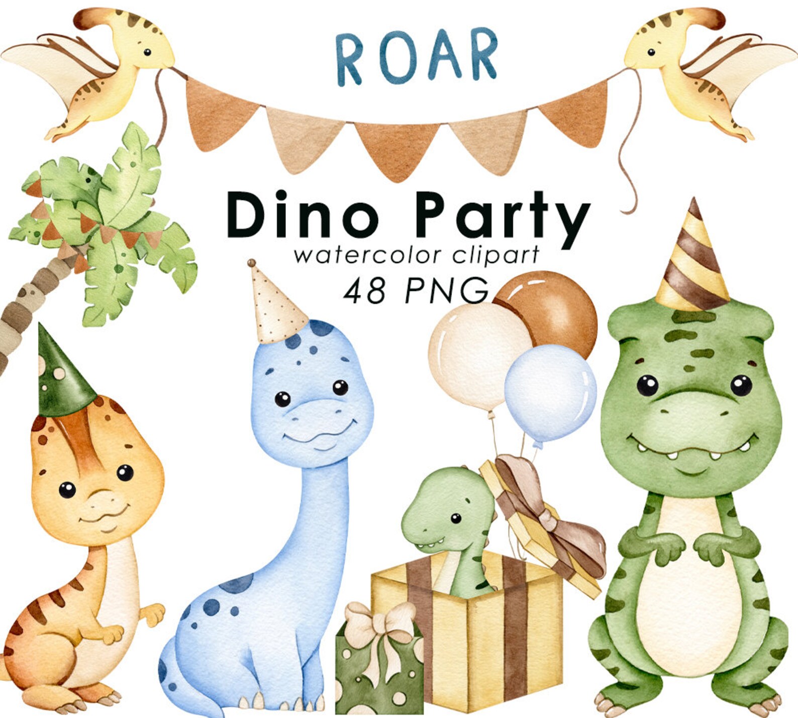 Dinosaurs Watercolour Clipart, Cute Dino Clip Art, Nursery Decor ...