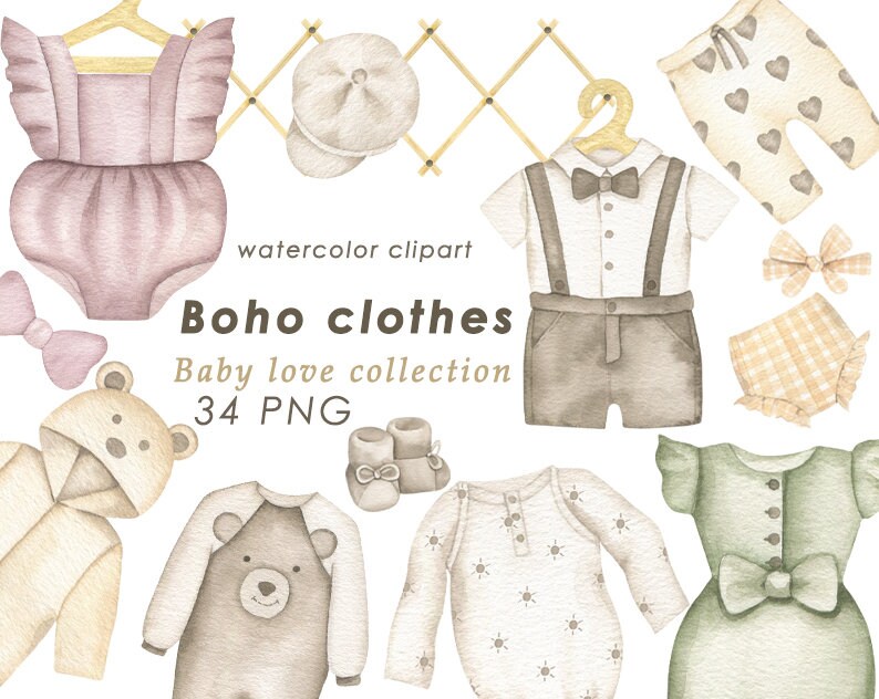 Baby Clothes Watercolor Clipart Newborn Clip Art Boho - Etsy