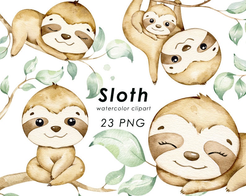 Sloth Watercolor Clipart, Cute Sloths Clip Art, Tropical Animals ...
