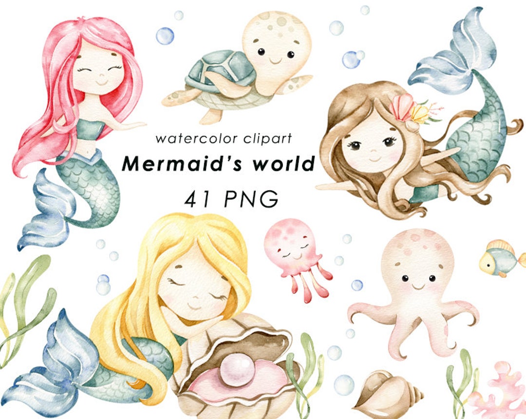 Mermaid Watercolor Clipart, Cute Mermaids PNG, Undersea Animals, Baby ...