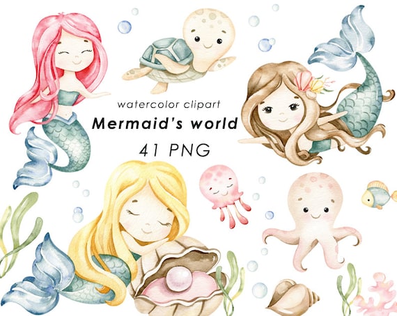 Mermaid Watercolor Clipart Cute Mermaids PNG Undersea - Etsy