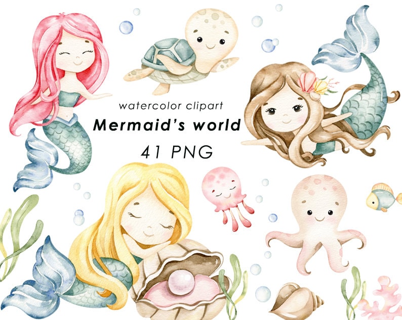 Mermaid Watercolor Clipart Cute Mermaids PNG Undersea - Etsy