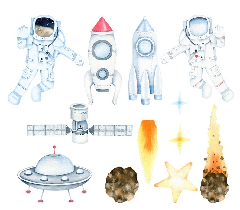 Watercolor Space Clipart Planets Comets Rocket Ship and - Etsy