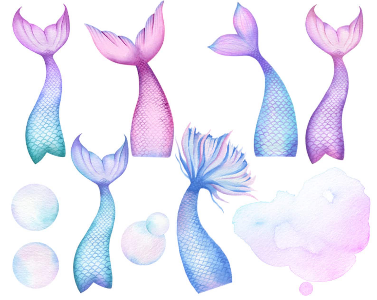 Watercolor Mermaid Tail Clipart, Pastel Baby Girl Birthday Party Png ...