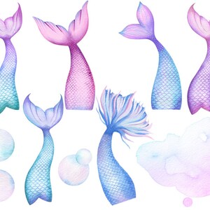 Watercolor Mermaid Tail Clipart, Pastel Baby Girl Birthday Party Png ...