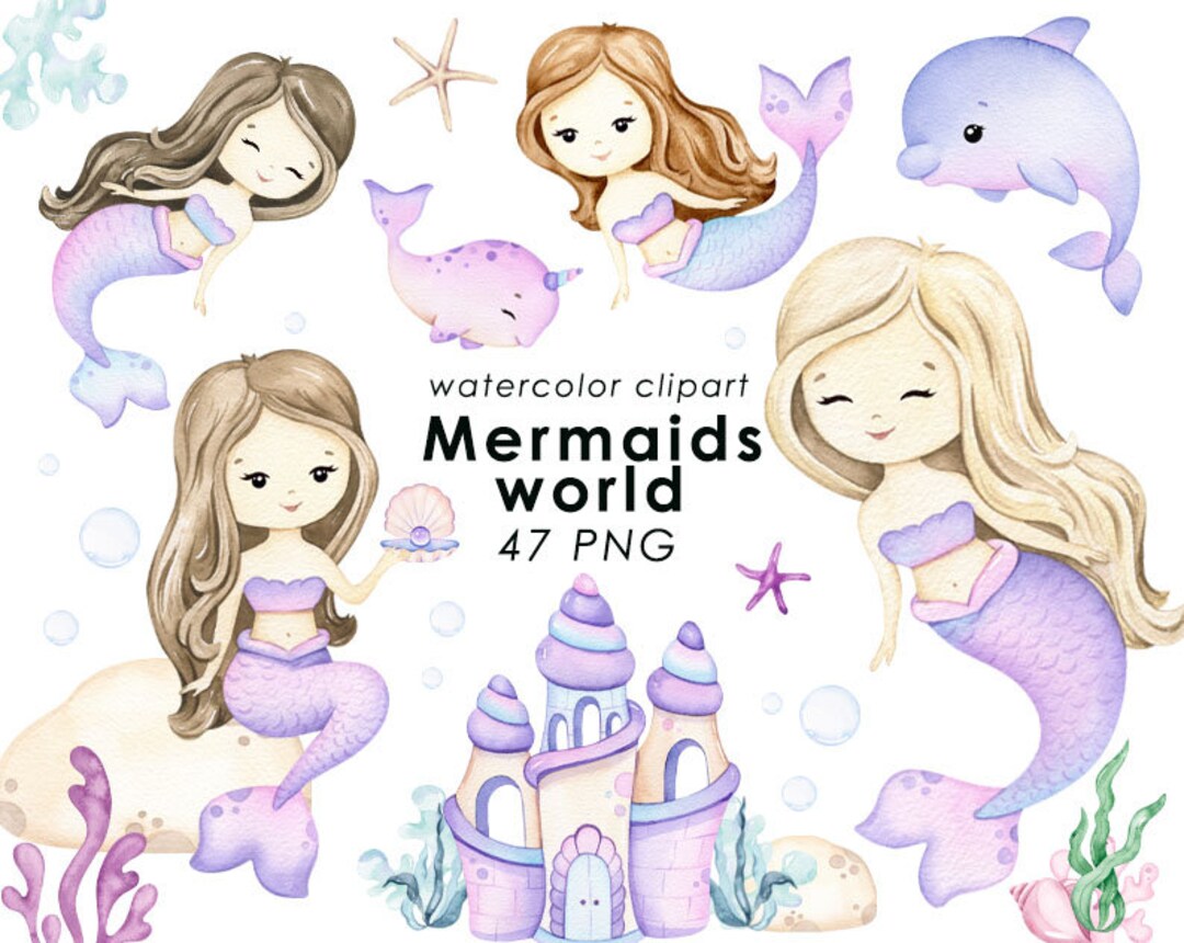 Cute Mermaid Watercolor Clipart, Little Mermaids Clip Art, Nursery ...