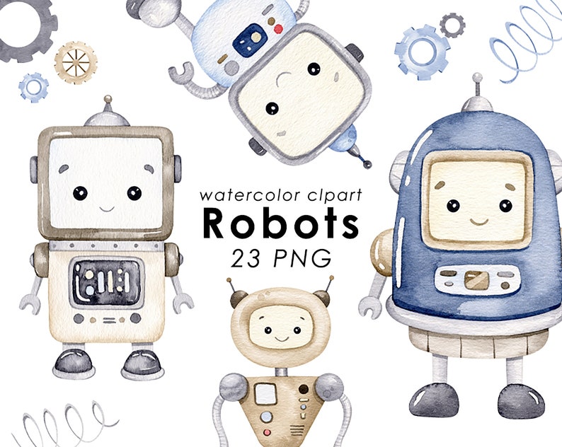Vintage Robots Watercolor Clipart Cute Robot PNG Baby Boy - Etsy