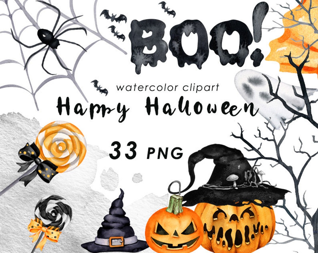 Watercolor Halloween Clipart, Pumpkin, Ghost, Spider, Bat, Printables ...