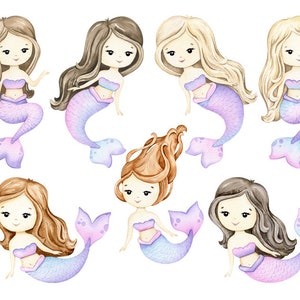 Cute Mermaid Watercolor Clipart, Little Mermaids Clip Art, Nursery ...