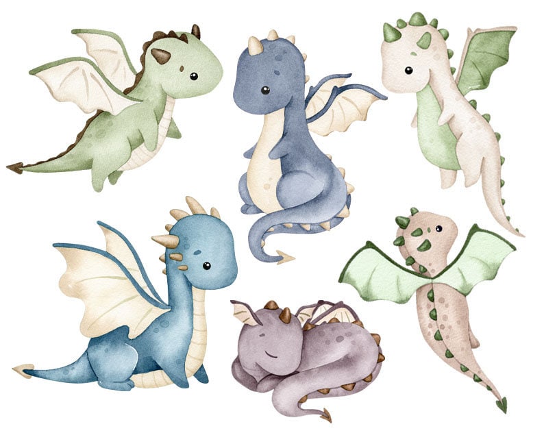 Dragons Watercolor Clipart, Cute Dragon PNG, Nursery Wall Art, Boys ...