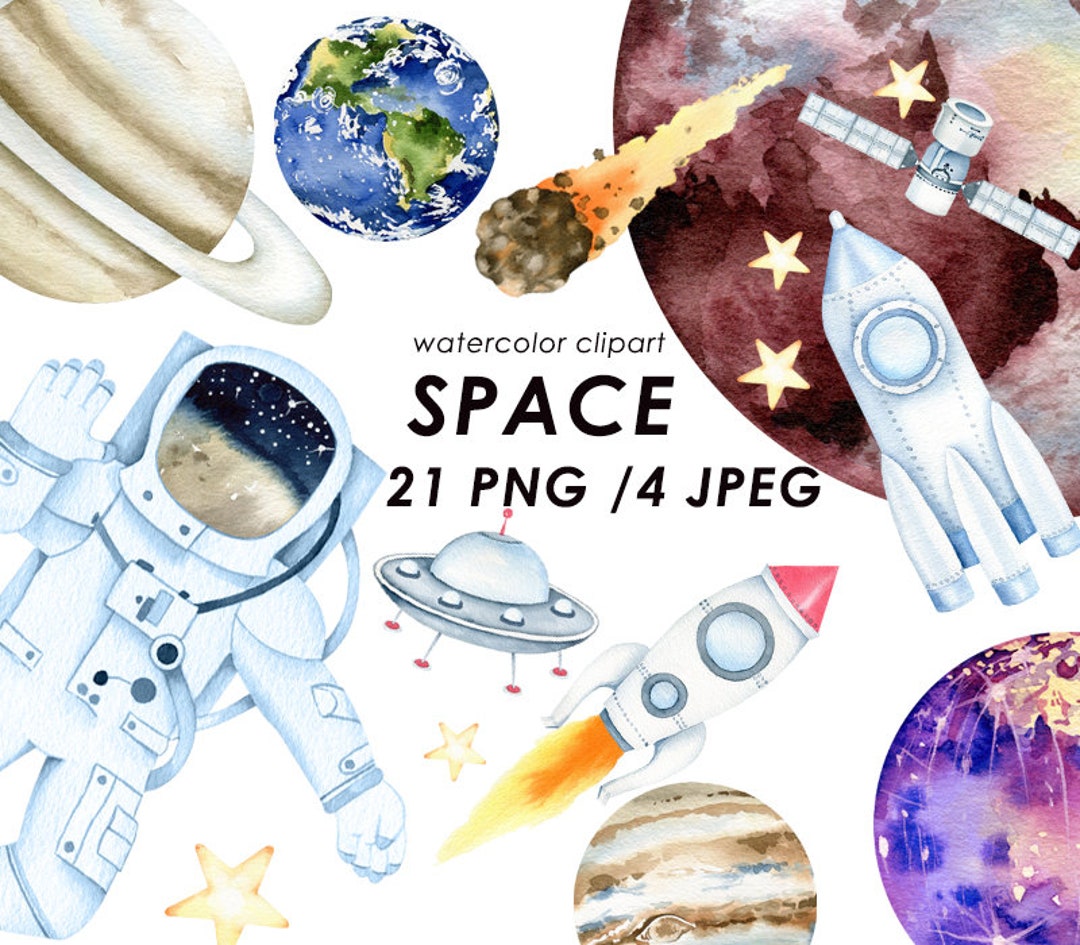 Watercolor Space Clipart, Planets, Comets, Rocket Ship and Astronaut ...