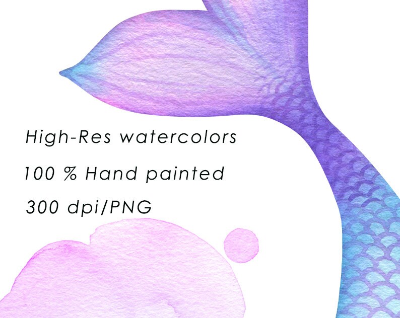 Watercolor Mermaid Tail Clipart, Pastel Baby Girl Birthday Party Png ...