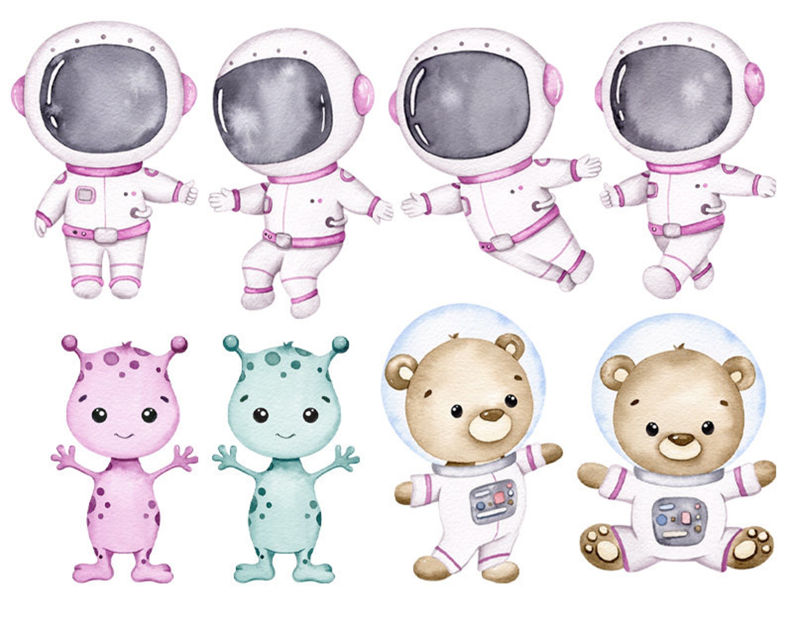 Girly Space Watercolor Clipart, Girl Cute Astronaut , Planets Clip Art ...