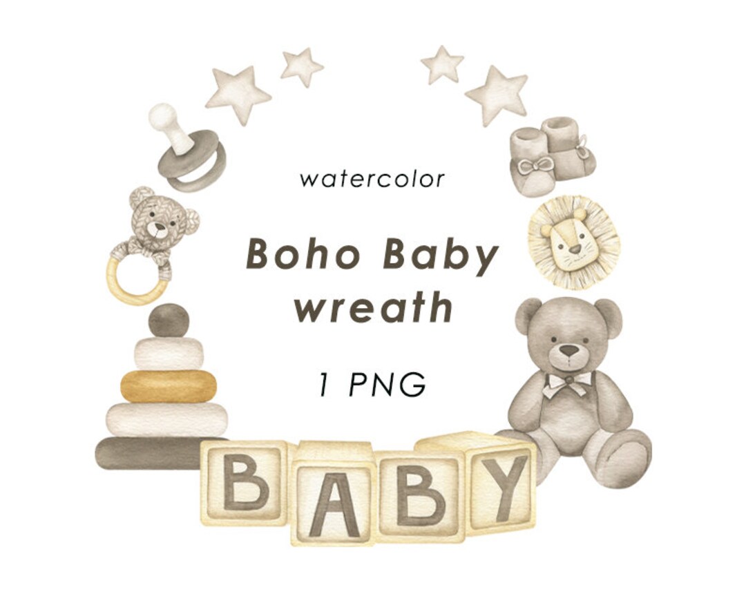 Boho Baby Watercolor Wreath, Nursery Decor, Neutral Baby Shower, Boho ...