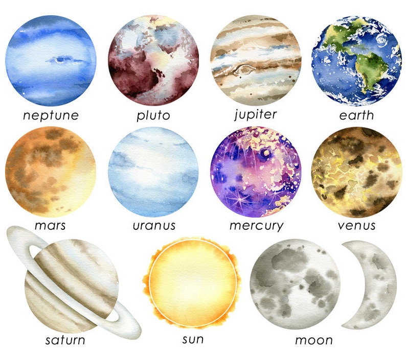 Watercolor Space Clipart Planets Comets Rocket Ship and - Etsy