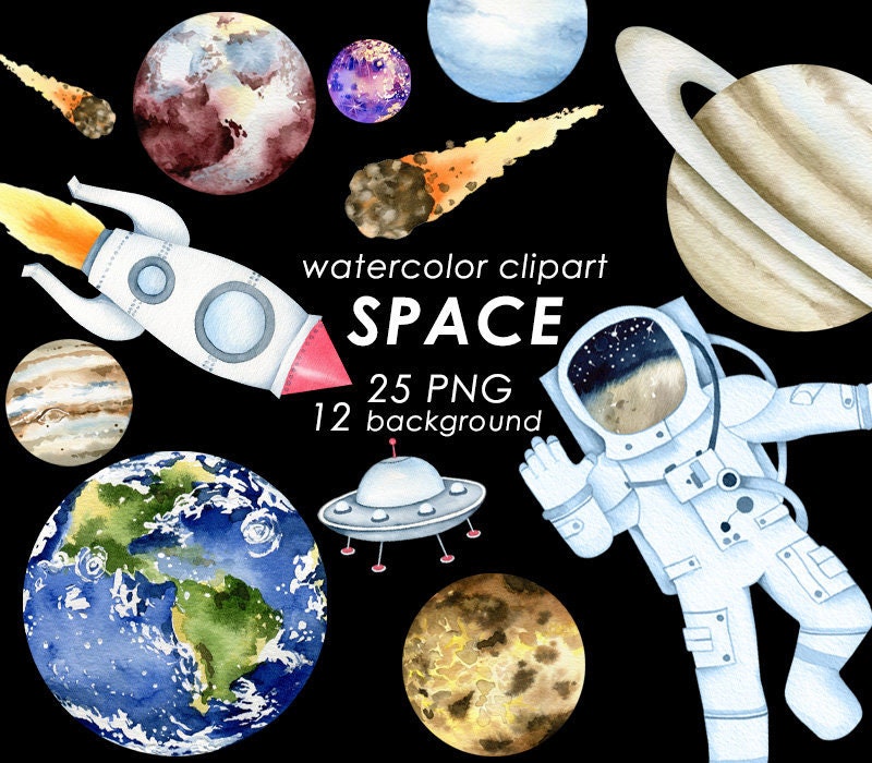 Rocket Ship Alien Watercolor Space Clipart Galaxy Planets PNG Files ...