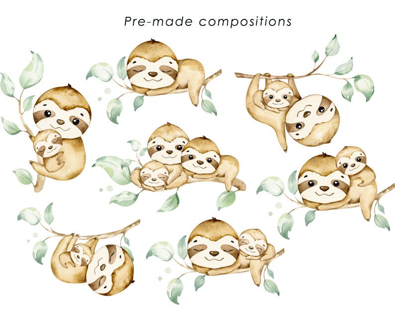 Sloth Watercolor Clipart Cute Sloths Clip Art Tropical - Etsy
