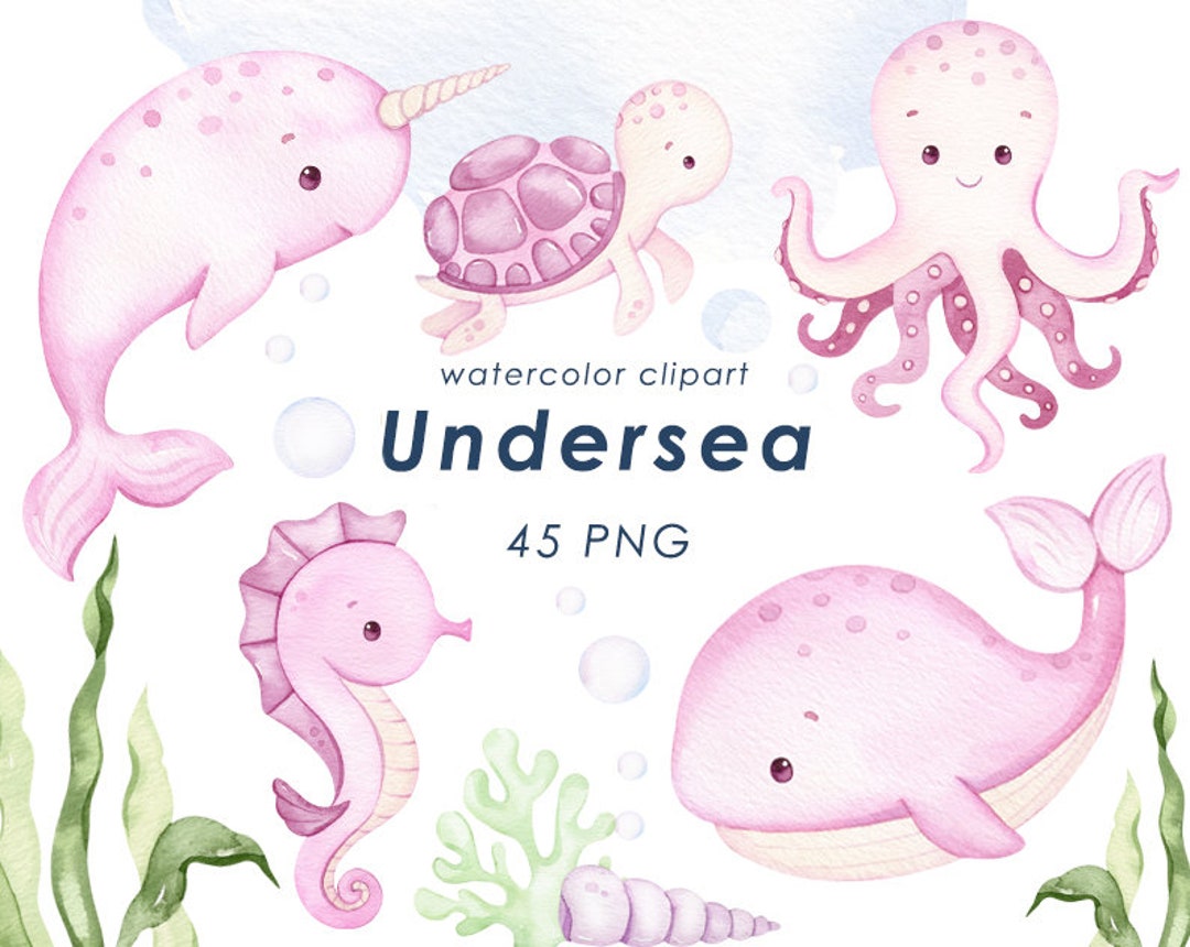 Undersea Watercolor Clipart, Nursery Decor, Nautical Baby Girl Wall Art ...