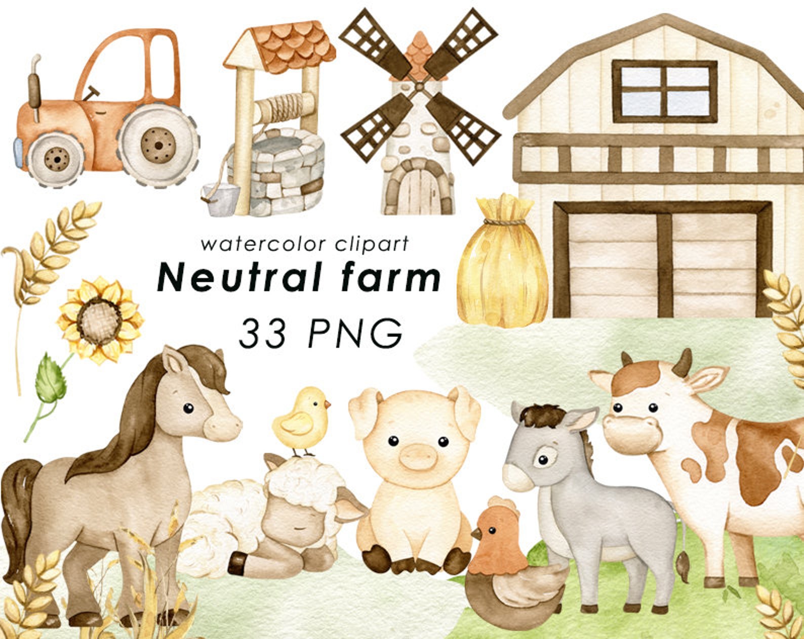 Farm Animals Watercolor Cute Farm Clip Art Neutral Nursery - Etsy