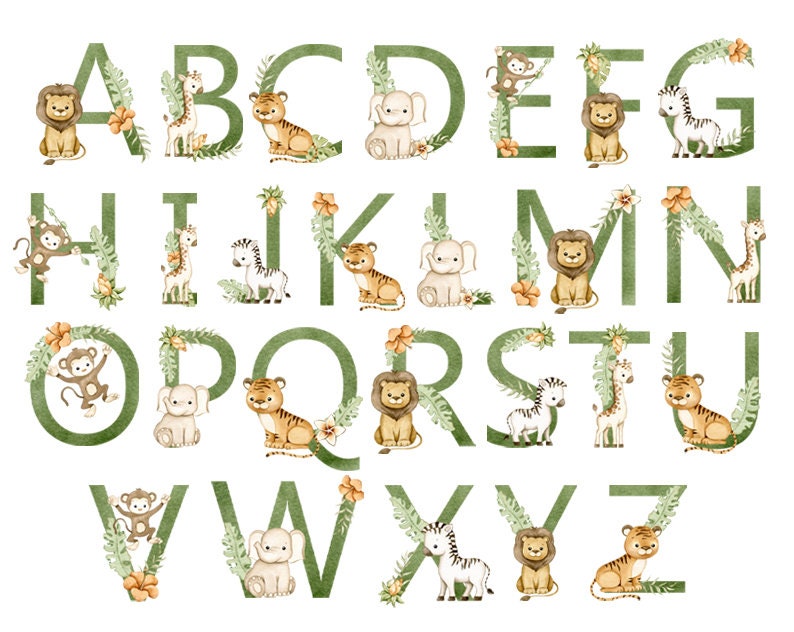 Safari Watercolor Alphabet Clipart, Nursery Decor, Baby Girl Boy ...