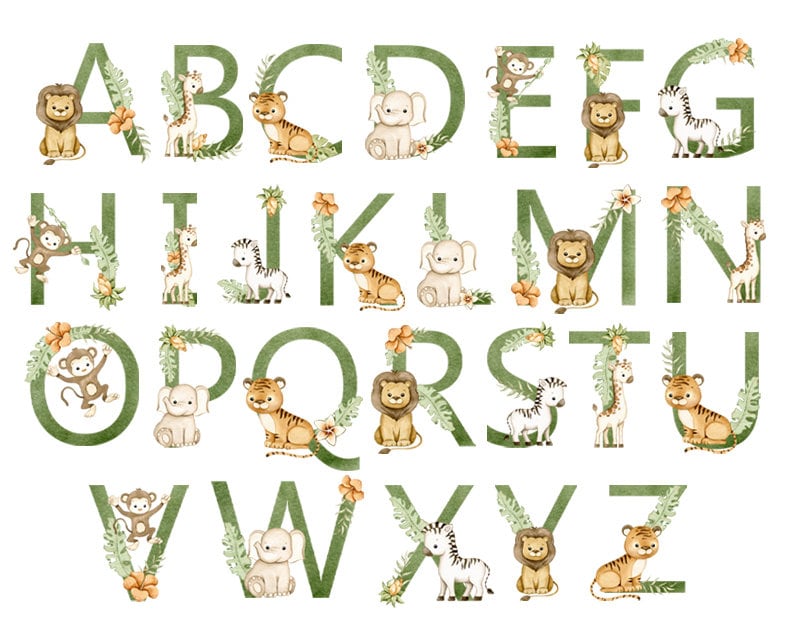Safari Watercolor Alphabet Clipart Nursery Decor Baby Girl - Etsy