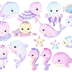 Undersea Watercolor Clipart, Rainbow Ocean Animals, Cute Under the Sea ...