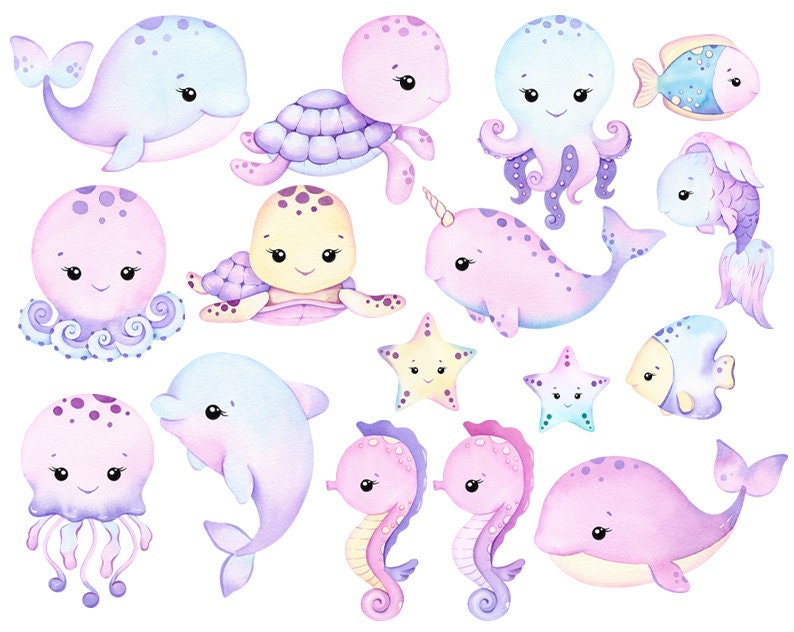 Undersea Watercolor Clipart, Rainbow Ocean Animals, Cute Under the Sea ...