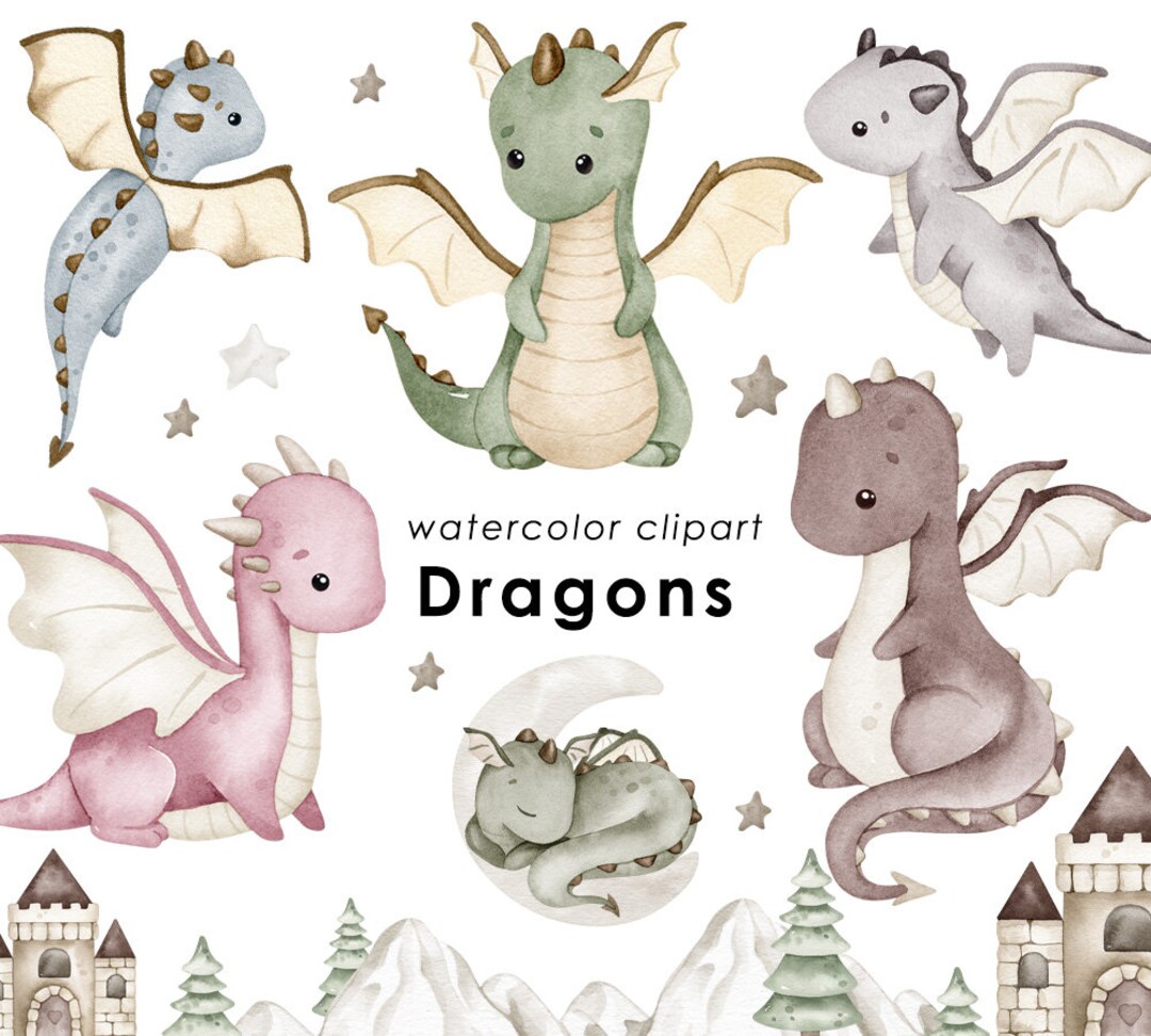 Dragons Watercolor Clipart, Cute Dragon PNG, Nursery Decor, Baby Shower ...