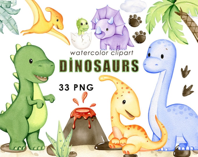 Watercolor Dinosaurs Clipart, Neutral Baby Boy Clip Art, Dino Nursery ...