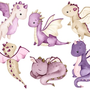 Dragons Watercolor Clipart, Girly Cute Dragon PNG, Nursery Wall Art ...
