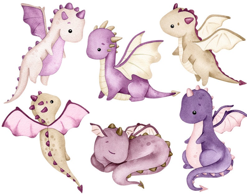Dragons Watercolor Clipart, Girly Cute Dragon PNG, Nursery Wall Art ...