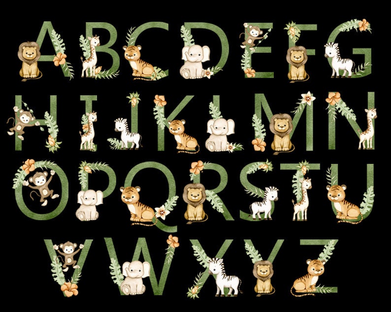 Safari Watercolor Alphabet Clipart Nursery Decor Baby Girl - Etsy