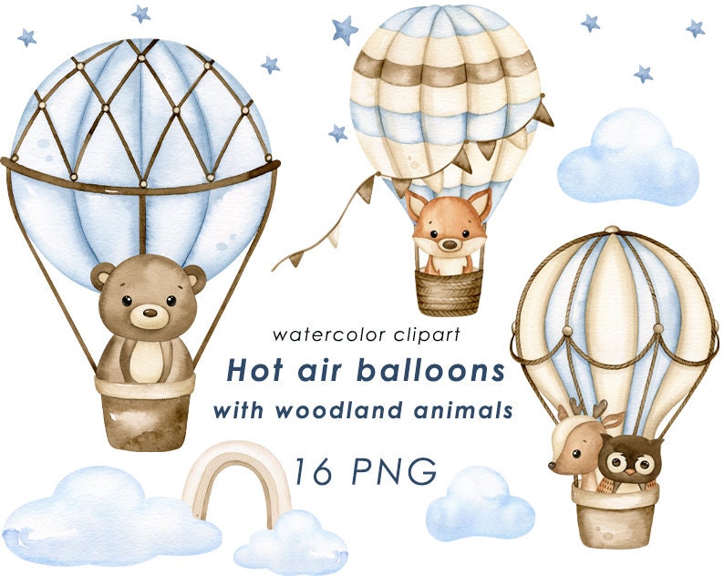 Woodland Animals Watercolor Clipart Hot Air Balloon Clip Art - Etsy