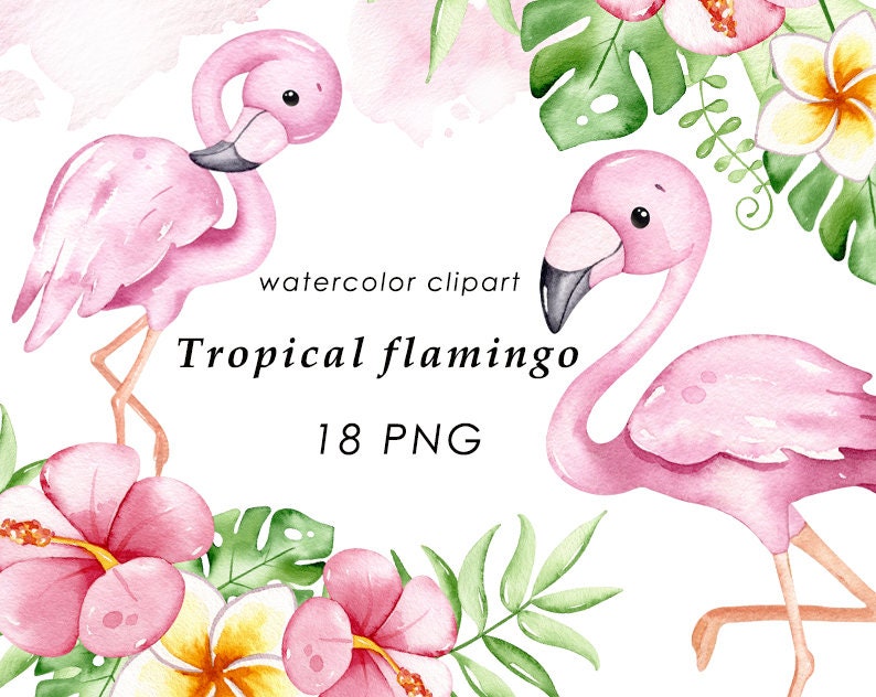 Watercolor Flamingo Clipart Cute Tropical Clip Art Summer - Etsy