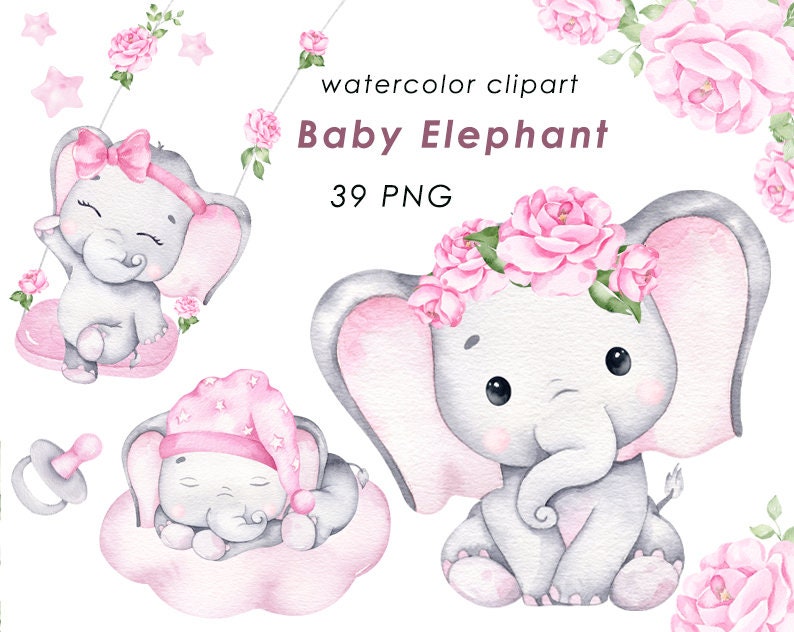 Baby Elephant Watercolor Clipart Girl Wall Art Nursery | Etsy UK