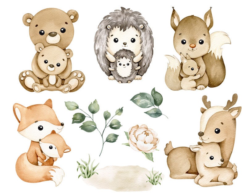 Forest Animals Watercolor Clipart, Woodland Mother and Baby, Baby ...