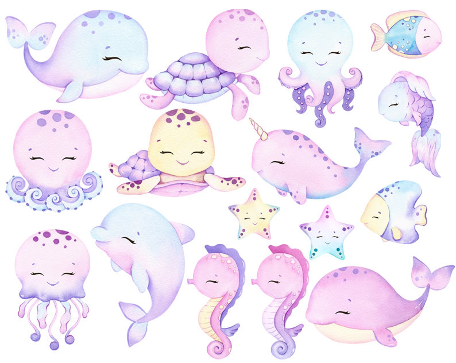 Undersea Watercolor Clipart, Rainbow Ocean Animals, Cute Under the Sea ...