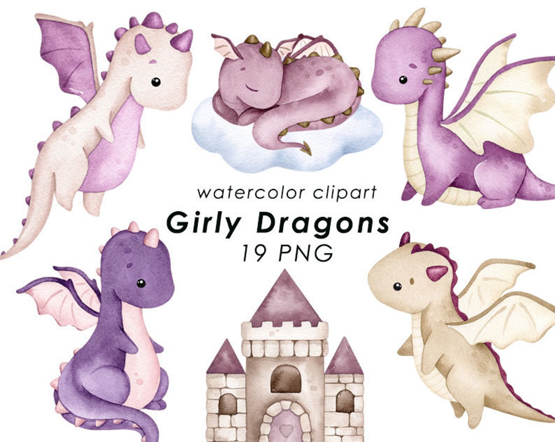 Dragons Watercolor Clipart, Girly Cute Dragon PNG, Nursery Wall Art ...