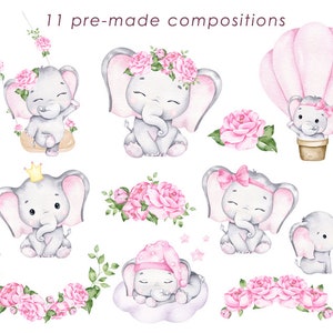 Baby Elephant Watercolor Clipart, Girl Wall Art, Nursery Decor, Cute ...