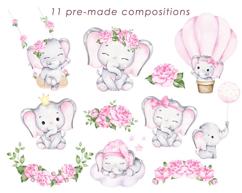 Baby Elephant Watercolor Clipart, Girl Wall Art, Nursery Decor, Cute ...
