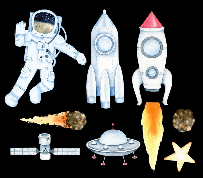 Watercolor Space Clipart Planets Comets Rocket Ship and | Etsy